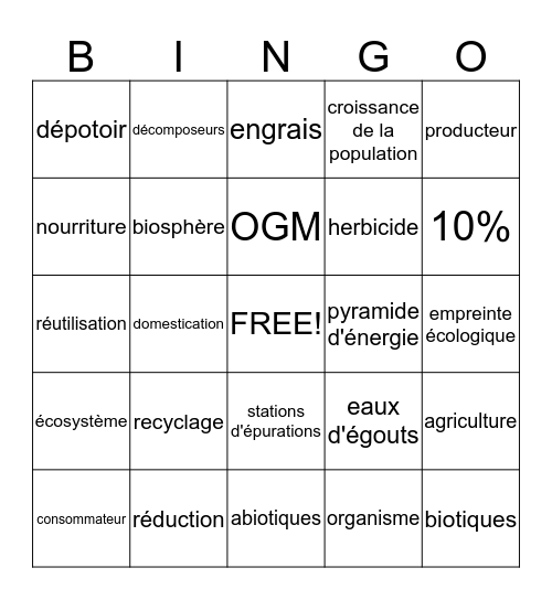 Environnement Bingo Card