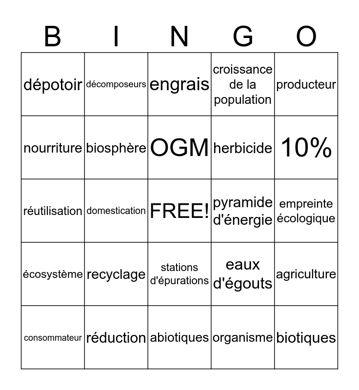 Environnement Bingo Card