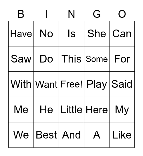 Kindergarten Sight Words Bingo Card