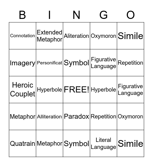 Literary Terms Bingo Card