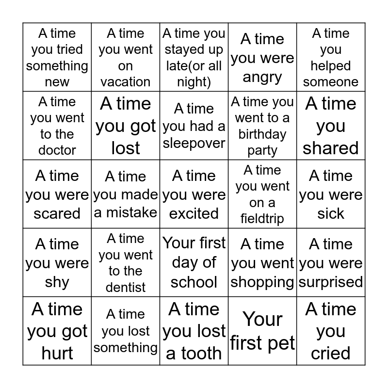 Personal Narrative Writing Prompts Bingo Card Personal Narrative Writing Prompts Bingo Card