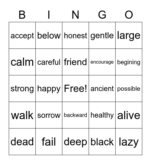 Antonyms/Opposite Words Bingo Card