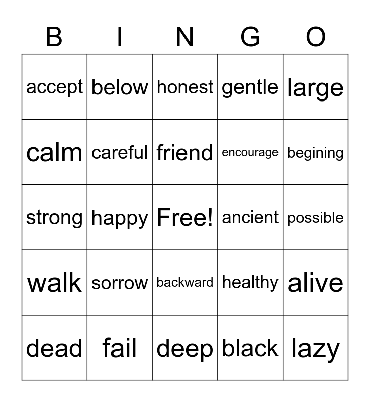 Antonyms/Opposite Words Bingo Card