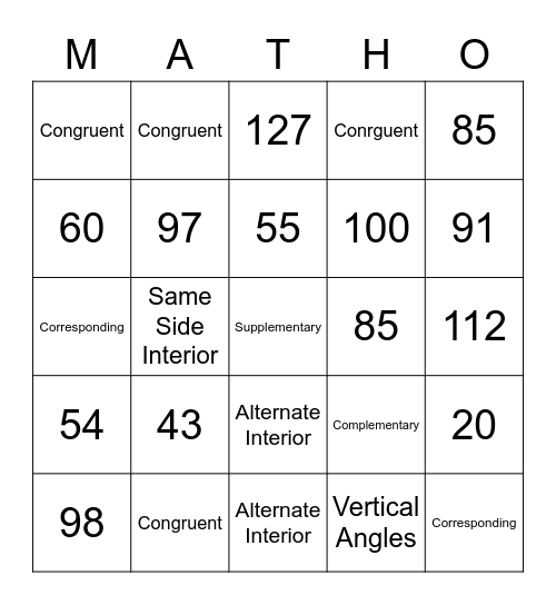 Angle Relationships Bingo Card