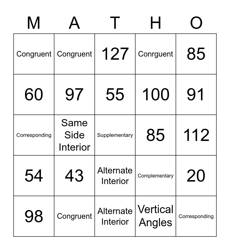 Angle Relationships Bingo Card