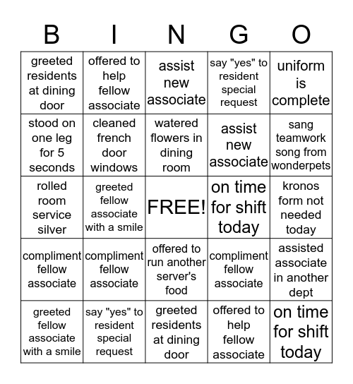 dining contest Bingo Card
