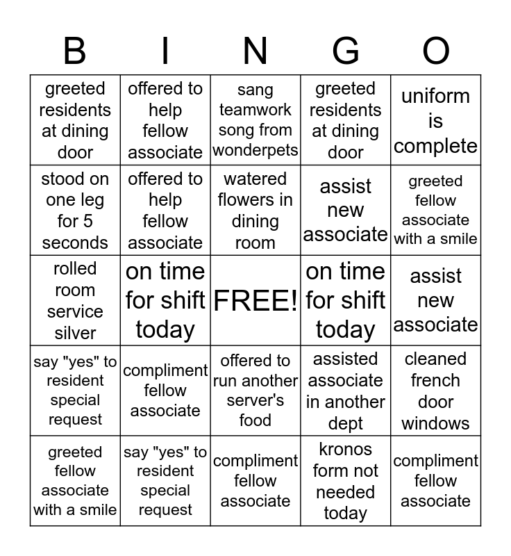 dining contest Bingo Card