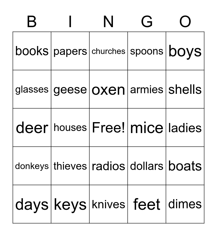Plural Noun Bingo Card