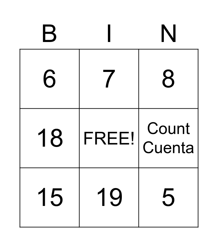 Numbers 1-21 Bingo Card