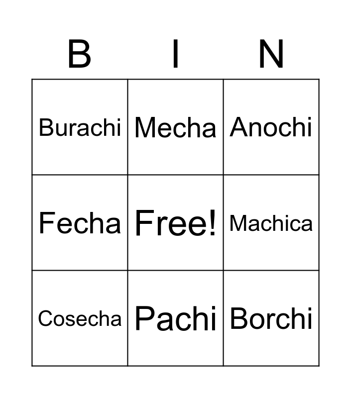 Palabra cu CH Bingo Card