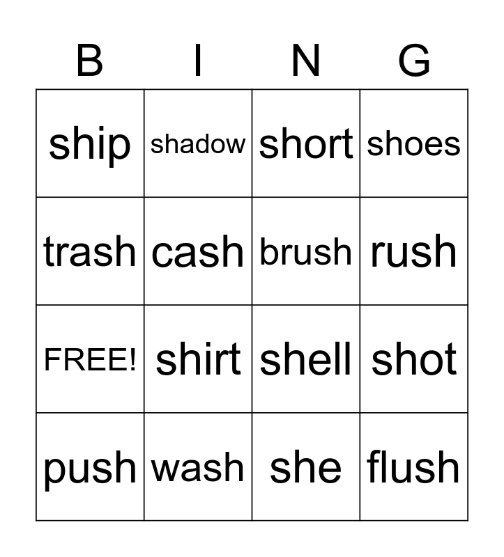 Sh words Bingo Card