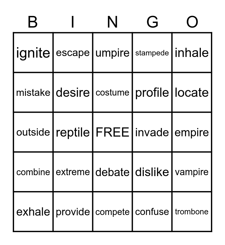 2 Syllable- Silent e words Bingo Card