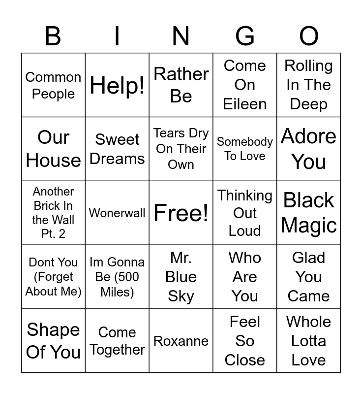 British Hits 2 Bingo Card British Hits 2 Bingo Card