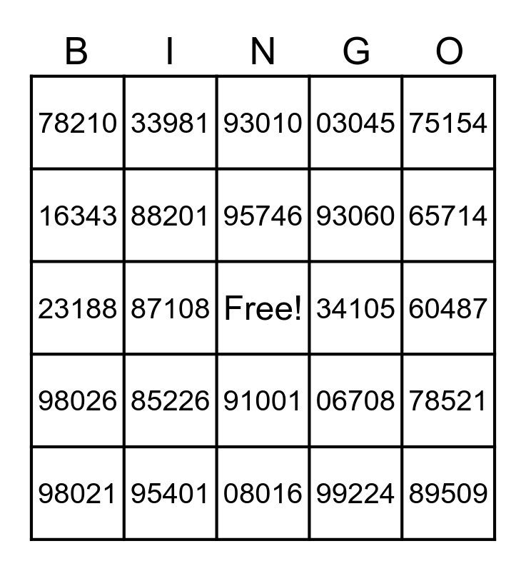 Borrower Zip Code Bingo Card
