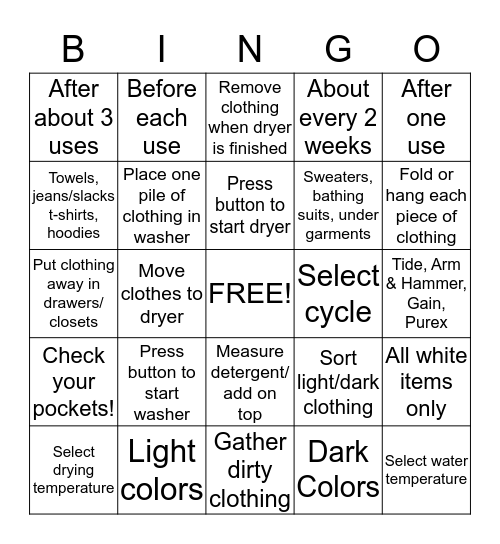 Laundry Bingo Bingo Card