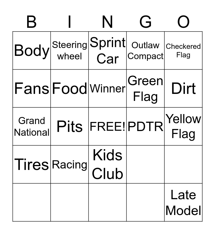 Dirt Track Racing BINGO Card