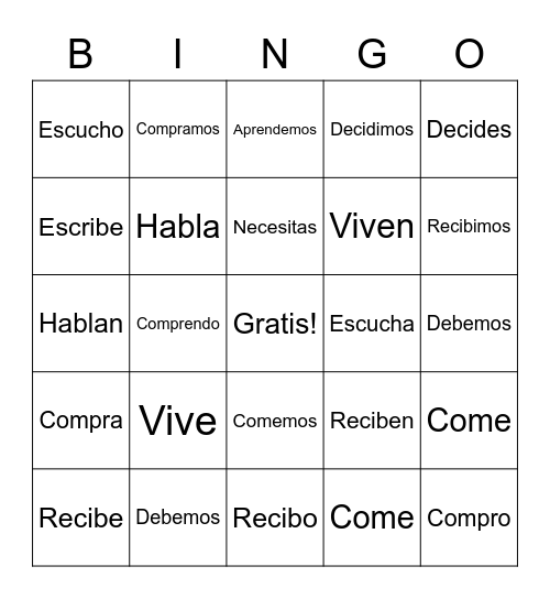 Regular present tense verbs Bingo Card