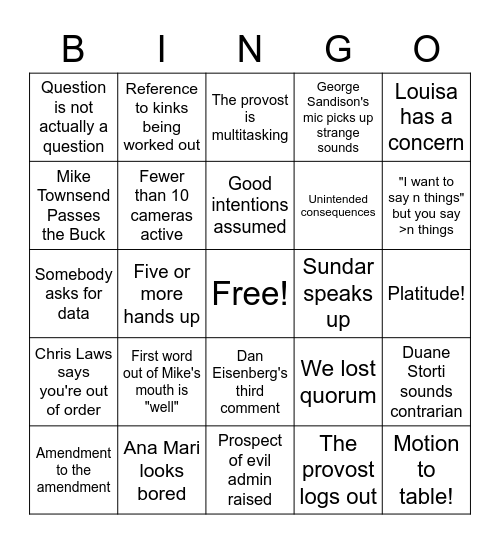 Faculty Senate Bingo Card