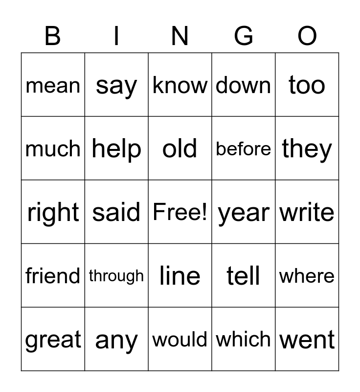 Most Common Words Bingo Card