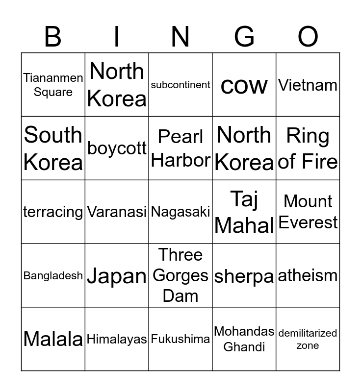 Asia Bingo Card