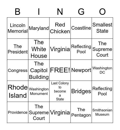 Washington D.C/Rhode Island Bingo Card