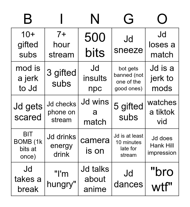stream bingo Card