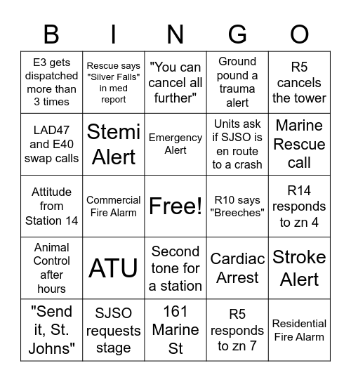 Fire Rescue Bingo Card