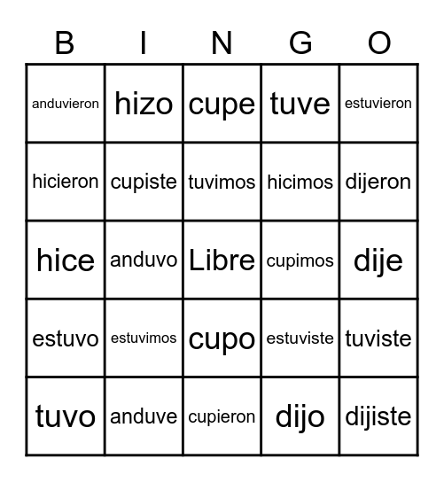 Preterite Irregular Stem Verbs Bingo Card