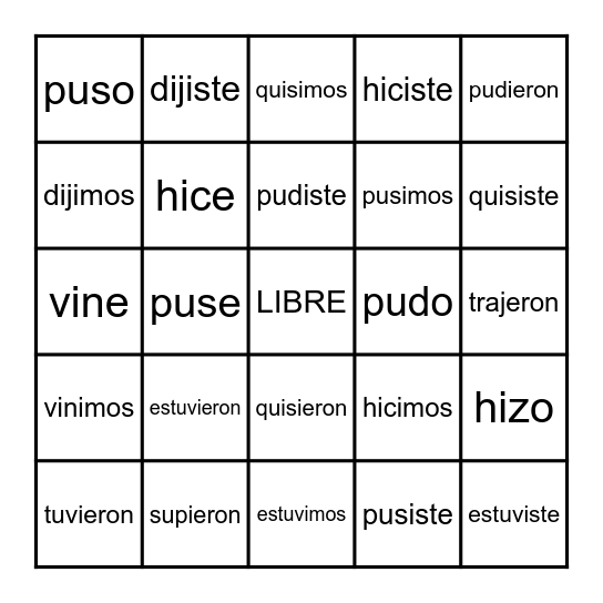 Preterite Irregular Stem Verbs Bingo Card