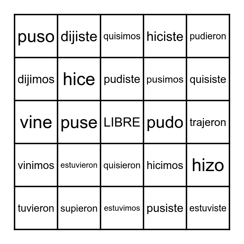 Preterite Irregular Stem Verbs Bingo Card