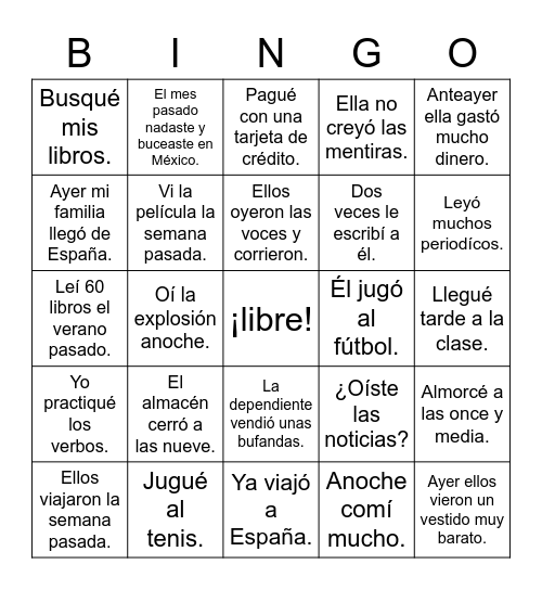 El Pretérito Bingo Card