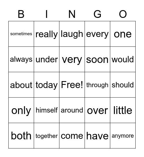First Grade High Frequency Bingo Card