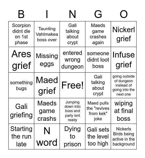 Weekly Dungeon grief runs Bingo Card