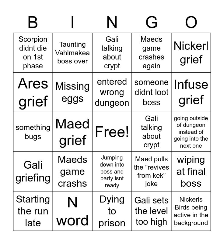 Weekly Dungeon grief runs Bingo Card