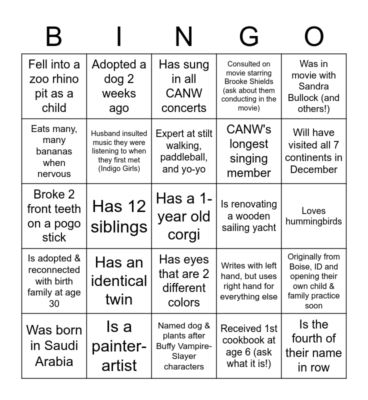 CANW Tidbit Bingo Card