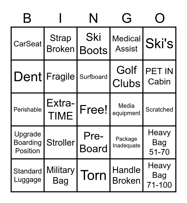 SWA Ticket Counter Bingo Card