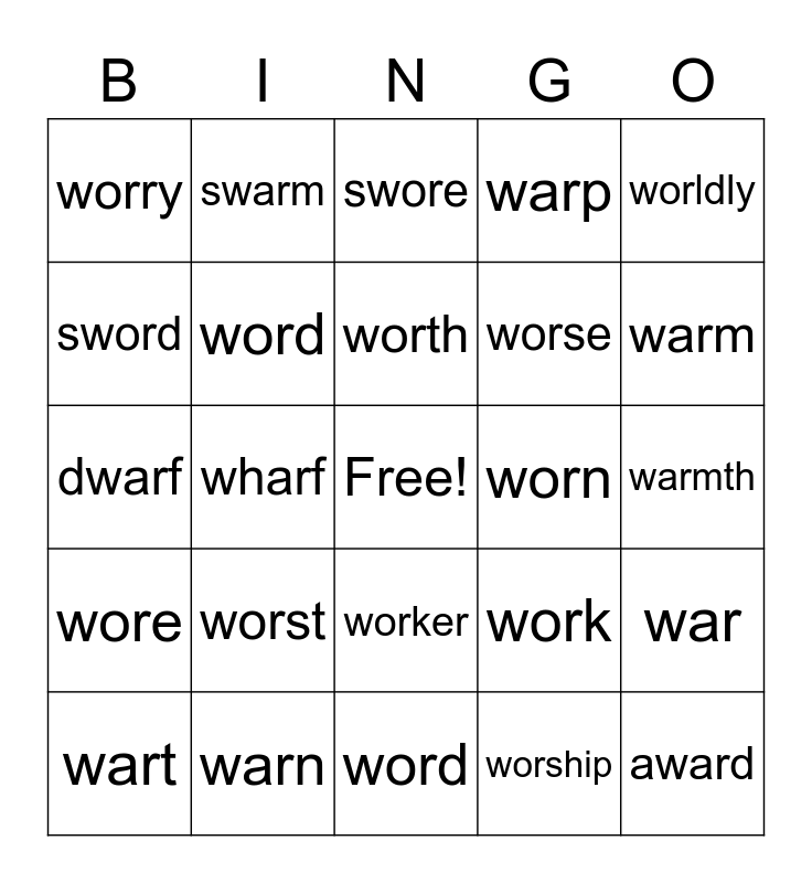 W and R controlled vowel Bingo Card