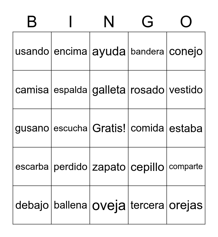 Palabras con tres silabas Bingo Card