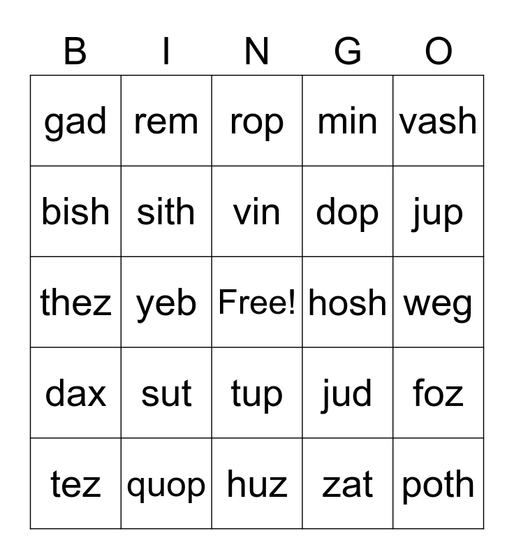 Nonsense Word Bingo Card
