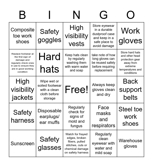 Be SAFE Bingo Card