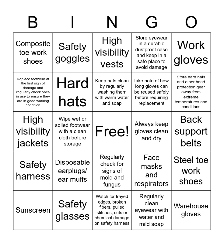 Be SAFE Bingo Card