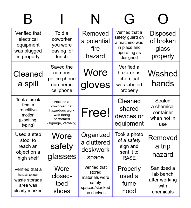 Laboratory Safety Bingo Card