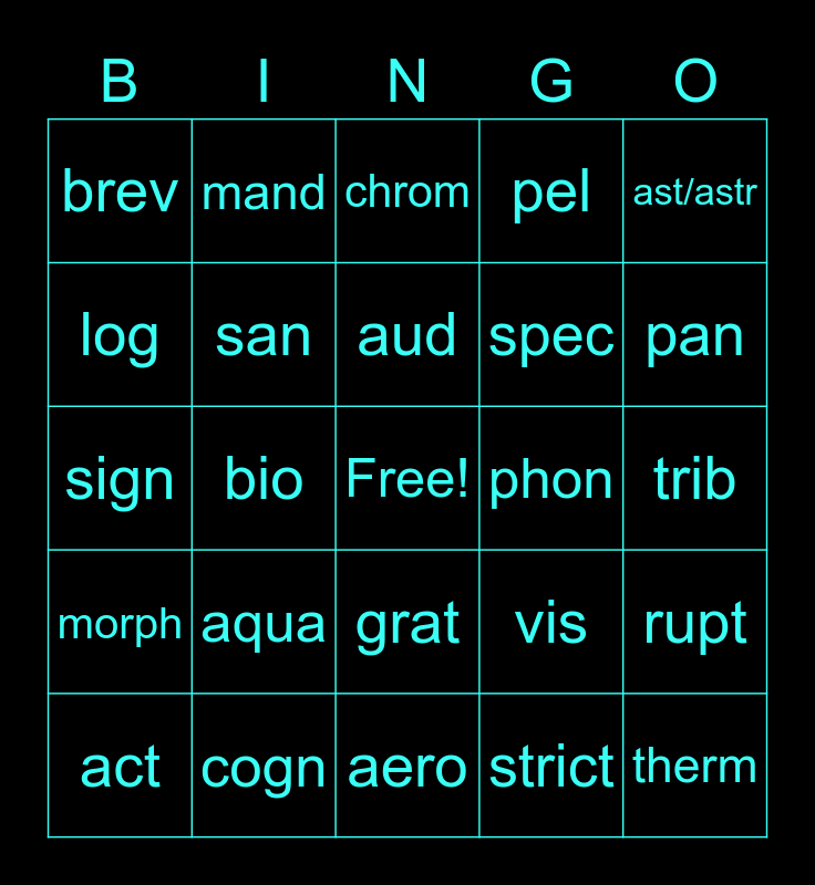 Greek and Latin Roots Bingo Card