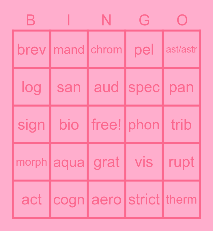 Greek and Latin Roots Bingo Card