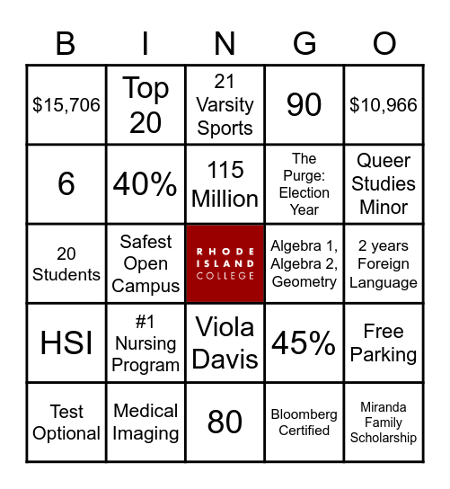 Rhode Island College Bingo Card
