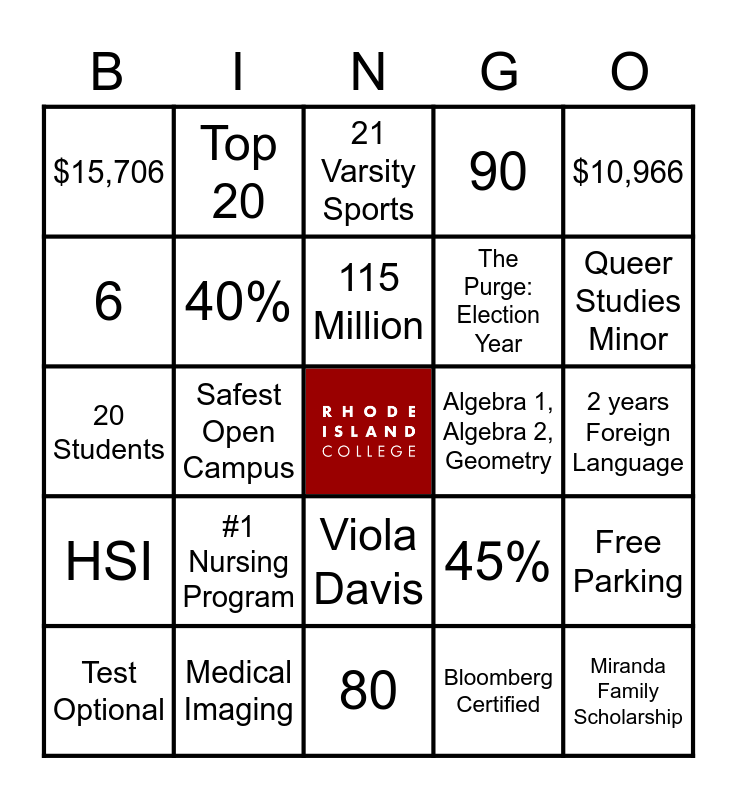 Rhode Island College Bingo Card