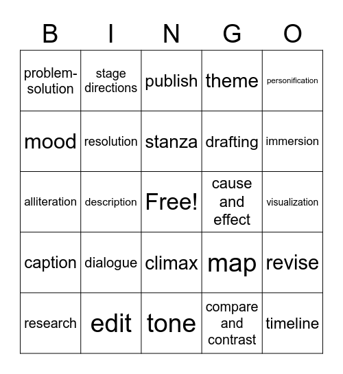 Reading and Writing Bingo Card
