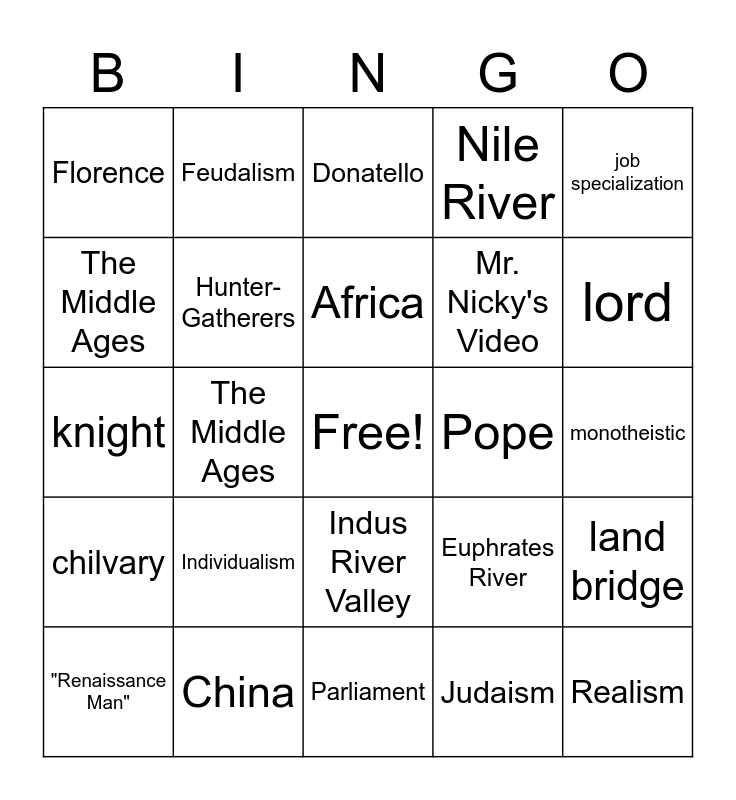 Renaissance Bingo Card