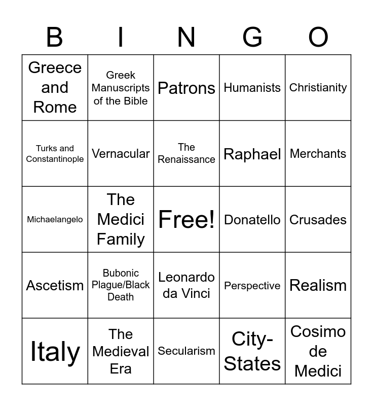 Renaissance Bingo Card