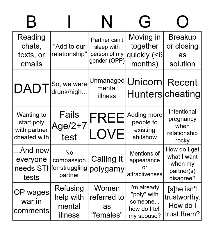 One Twue Poly Bingo Card